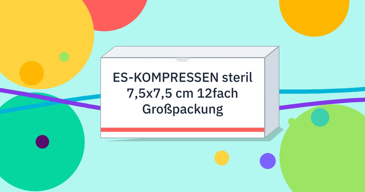 Symbolbild: Packung mit der Aufschrift ES-KOMPRESSEN steril 7,5x7,5 cm 12fach Großpackung (PZN 06453932) – Verfügbarkeit und Bezug in Apotheken in Frankfurt am Main