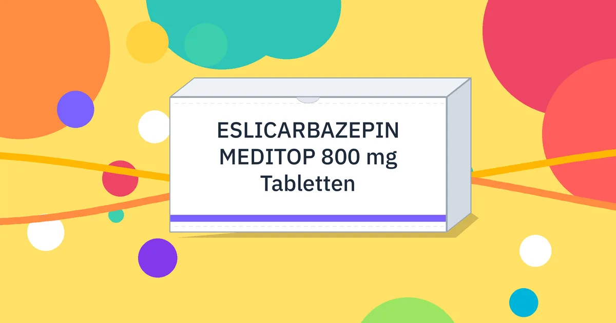 Symbolbild: Packung mit der Aufschrift ESLICARBAZEPIN MEDITOP 800 mg Tabletten (PZN 20016150) – Verfügbarkeit und Bezug in Apotheken in Frankfurt am Main
