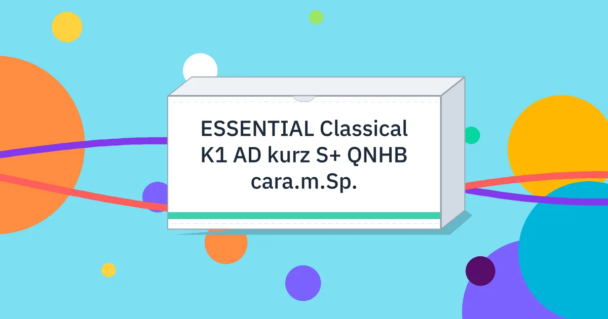 Symbolbild: Packung mit der Aufschrift ESSENTIAL Classical K1 AD kurz S+ QNHB cara.m.Sp. (PZN 18866881) – Verfügbarkeit und Bezug in Apotheken in Frankfurt am Main