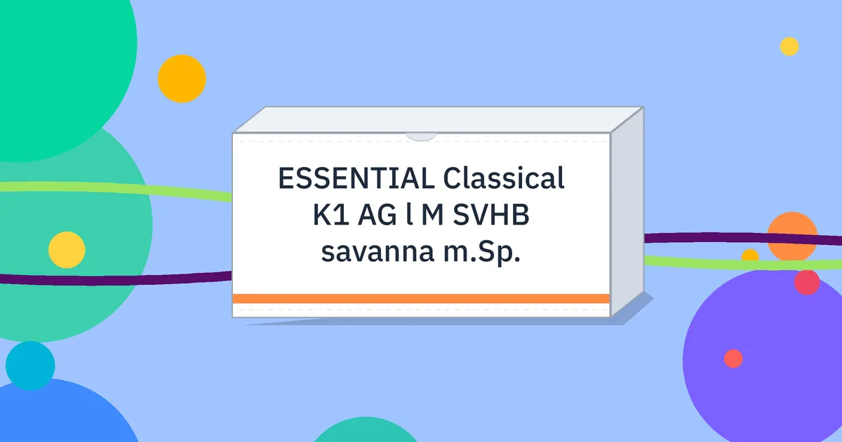 Symbolbild: Packung mit der Aufschrift ESSENTIAL Classical K1 AG l M SVHB savanna m.Sp. (PZN 18420961) – Verfügbarkeit und Bezug in Apotheken in Frankfurt am Main
