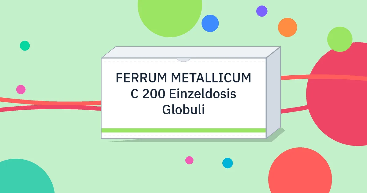 Symbolbild: Packung mit der Aufschrift FERRUM METALLICUM C 200 Einzeldosis Globuli (PZN 01543872) – Verfügbarkeit und Bezug in Apotheken in Frankfurt am Main