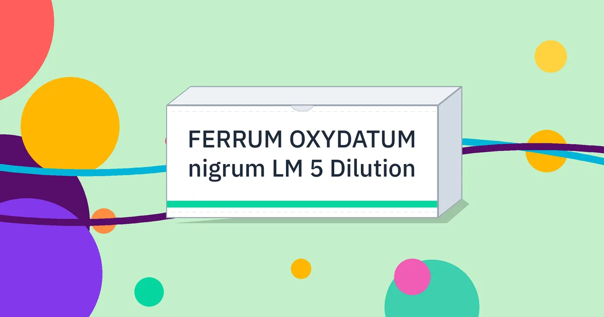 Symbolbild: Packung mit der Aufschrift FERRUM OXYDATUM nigrum LM 5 Dilution (PZN 12851105) – Verfügbarkeit und Bezug in Apotheken in Frankfurt am Main