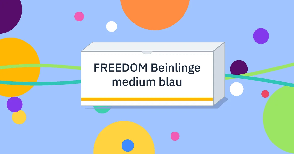 Symbolbild: Packung mit der Aufschrift FREEDOM Beinlinge medium blau (PZN 04177445) – Verfügbarkeit und Bezug in Apotheken in Frankfurt am Main