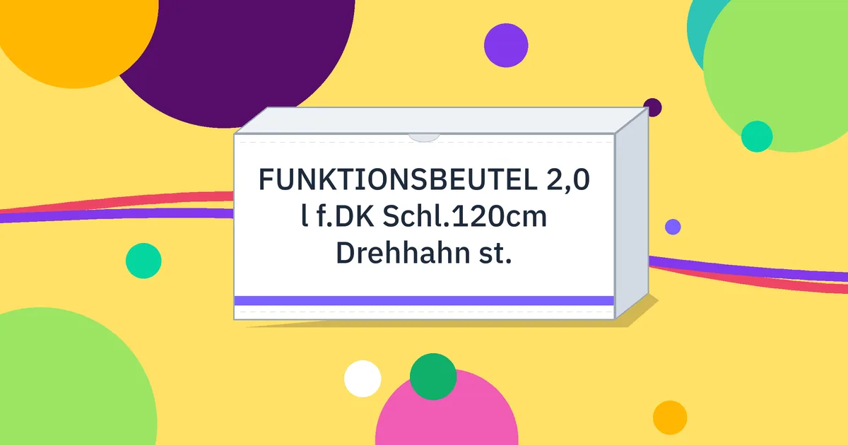 Symbolbild: Packung mit der Aufschrift FUNKTIONSBEUTEL 2,0 l f.DK Schl.120cm Drehhahn st. (PZN 06098141) – Verfügbarkeit und Bezug in Apotheken in Frankfurt am Main
