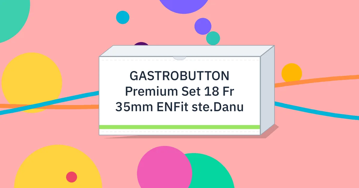 Symbolbild: Packung mit der Aufschrift GASTROBUTTON Premium Set 18 Fr 35mm ENFit ste.Danu (PZN 16883852) – Verfügbarkeit und Bezug in Apotheken in Frankfurt am Main