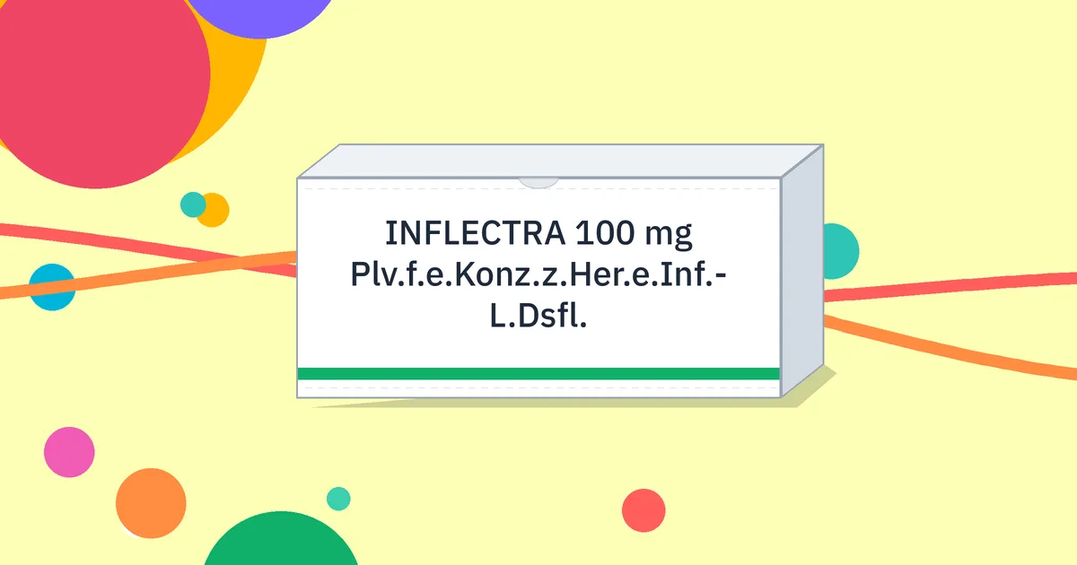 Symbolbild: Packung mit der Aufschrift INFLECTRA 100 mg Plv.f.e.Konz.z.Her.e.Inf.-L.Dsfl. (PZN 13753362) – Verfügbarkeit und Bezug in Apotheken in Frankfurt am Main