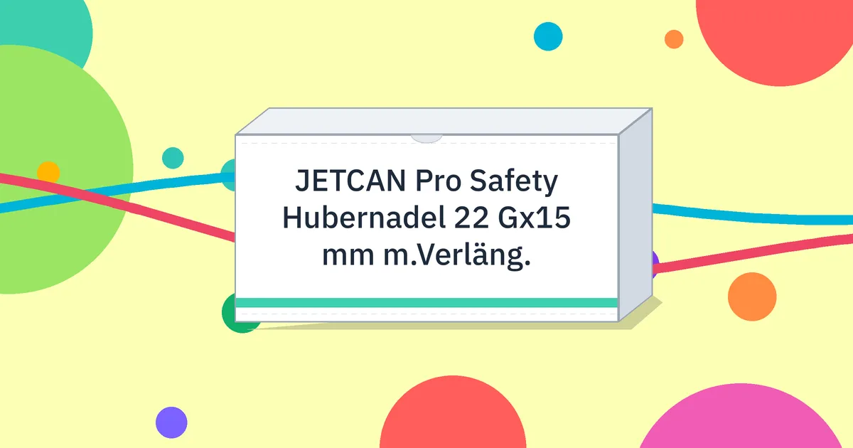 Symbolbild: Packung mit der Aufschrift JETCAN Pro Safety Hubernadel 22 Gx15 mm m.Verläng. (PZN 19421129) – Verfügbarkeit und Bezug in Apotheken in Frankfurt am Main