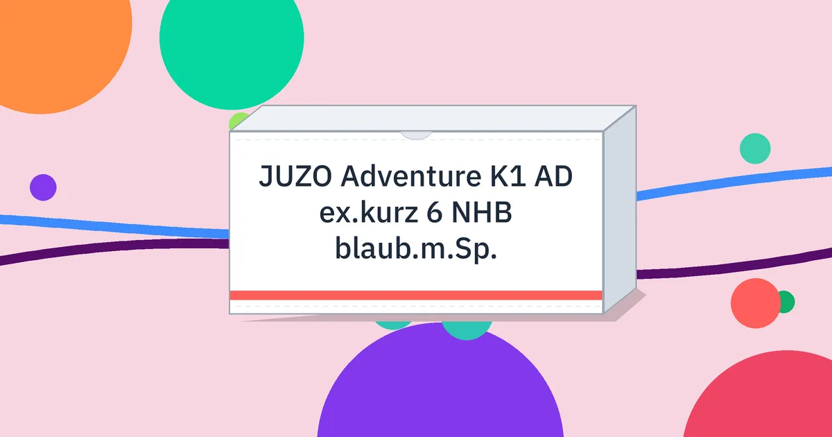 Symbolbild: Packung mit der Aufschrift JUZO Adventure K1 AD ex.kurz 6 NHB blaub.m.Sp. (PZN 16346692) – Verfügbarkeit und Bezug in Apotheken in Frankfurt am Main