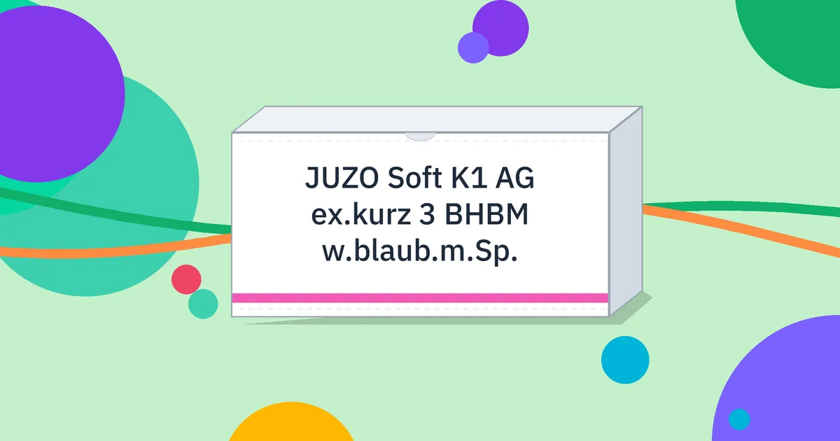 Symbolbild: Packung mit der Aufschrift JUZO Soft K1 AG ex.kurz 3 BHBM w.blaub.m.Sp. (PZN 14864313) – Verfügbarkeit und Bezug in Apotheken in Frankfurt am Main