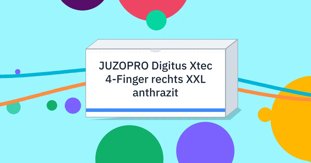 Symbolbild: Packung mit der Aufschrift JUZOPRO Digitus Xtec 4-Finger rechts XXL anthrazit (PZN 16766603) – Verfügbarkeit und Bezug in Apotheken in Frankfurt am Main