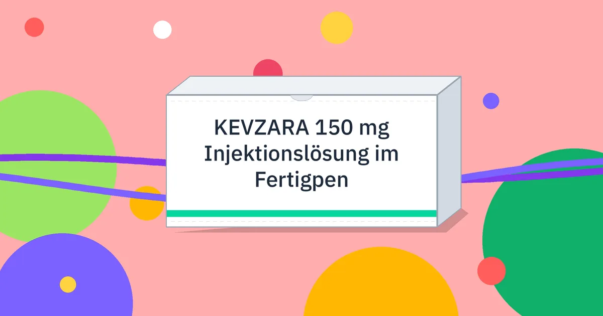 Symbolbild: Packung mit der Aufschrift KEVZARA 150 mg Injektionslösung im Fertigpen (PZN 16820828) – Verfügbarkeit und Bezug in Apotheken in Frankfurt am Main