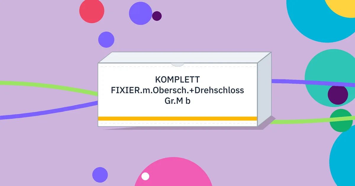 Symbolbild: Packung mit der Aufschrift KOMPLETT FIXIER.m.Obersch.+Drehschloss Gr.M b (PZN 11573874) – Verfügbarkeit und Bezug in Apotheken in Frankfurt am Main