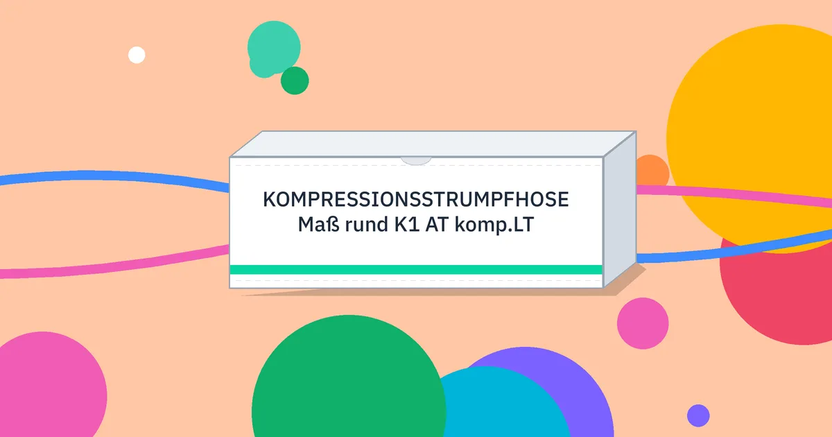 Symbolbild: Packung mit der Aufschrift KOMPRESSIONSSTRUMPFHOSE Maß rund K1 AT komp.LT (PZN 19997906) – Verfügbarkeit und Bezug in Apotheken in Frankfurt am Main