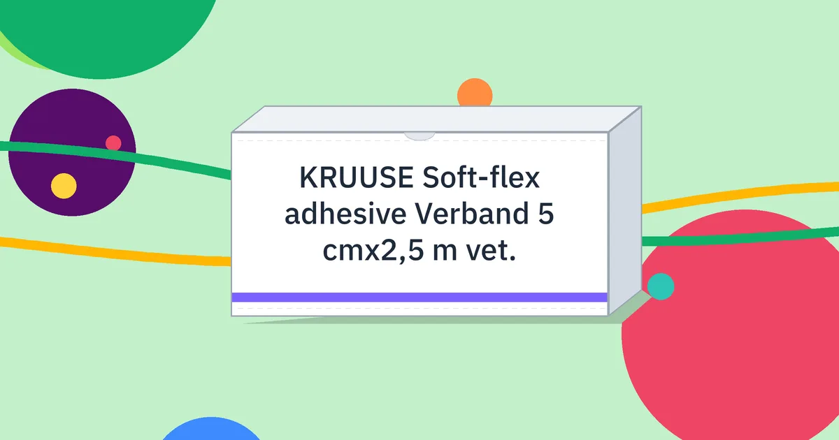 Symbolbild: Packung mit der Aufschrift KRUUSE Soft-flex adhesive Verband 5 cmx2,5 m vet. (PZN 18443560) – Verfügbarkeit und Bezug in Apotheken in Frankfurt am Main