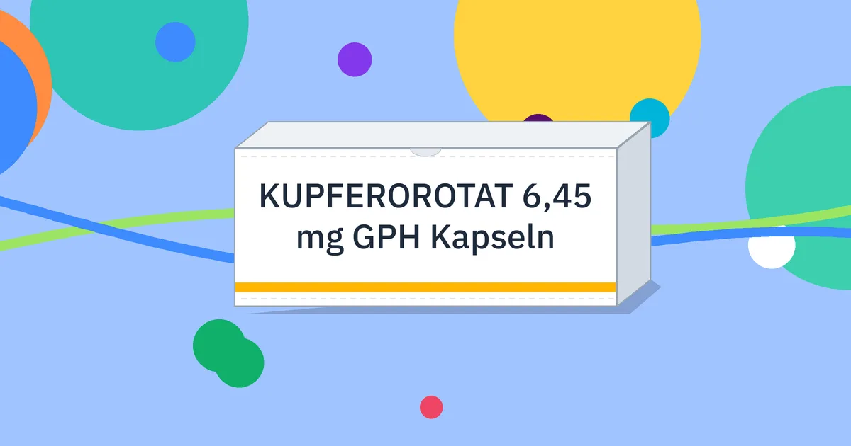 Symbolbild: Packung mit der Aufschrift KUPFEROROTAT 6,45 mg GPH Kapseln (PZN 11658056) – Verfügbarkeit und Bezug in Apotheken in Frankfurt am Main