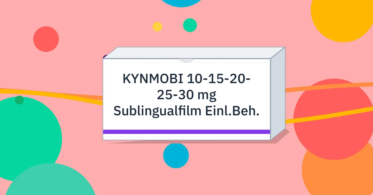 Symbolbild: Packung mit der Aufschrift KYNMOBI 10-15-20-25-30 mg Sublingualfilm Einl.Beh. (PZN 18489823) – Verfügbarkeit und Bezug in Apotheken in Frankfurt am Main