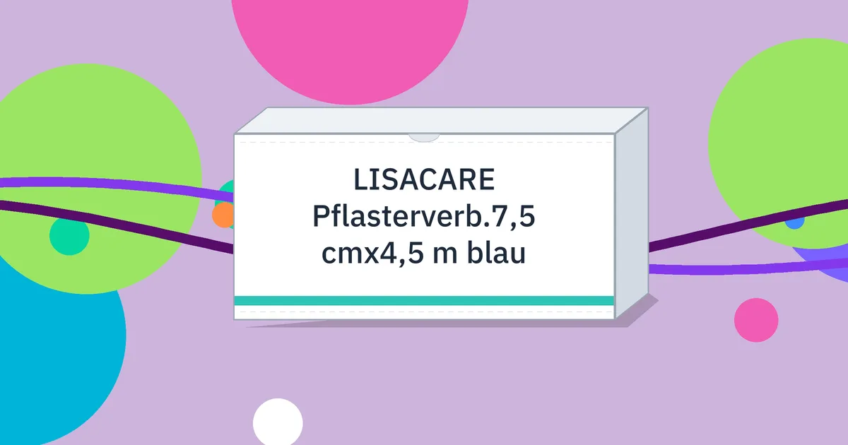 Symbolbild: Packung mit der Aufschrift LISACARE Pflasterverb.7,5 cmx4,5 m blau (PZN 17892540) – Verfügbarkeit und Bezug in Apotheken in Frankfurt am Main