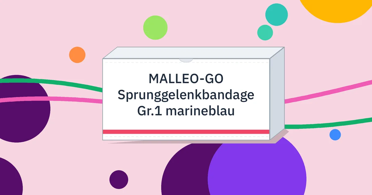 Symbolbild: Packung mit der Aufschrift MALLEO-GO Sprunggelenkbandage Gr.1 marineblau (PZN 19742299) – Verfügbarkeit und Bezug in Apotheken in Frankfurt am Main