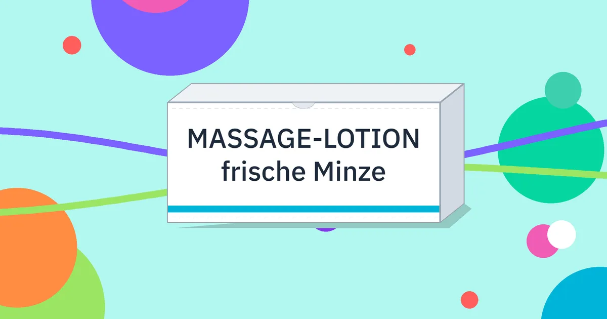 Symbolbild: Packung mit der Aufschrift MASSAGE-LOTION frische Minze (PZN 11195490) – Verfügbarkeit und Bezug in Apotheken in Frankfurt am Main
