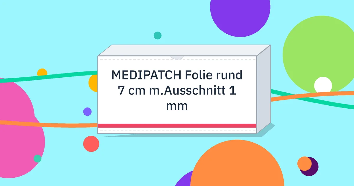 Symbolbild: Packung mit der Aufschrift MEDIPATCH Folie rund 7 cm m.Ausschnitt 1 mm (PZN 03383384) – Verfügbarkeit und Bezug in Apotheken in Frankfurt am Main