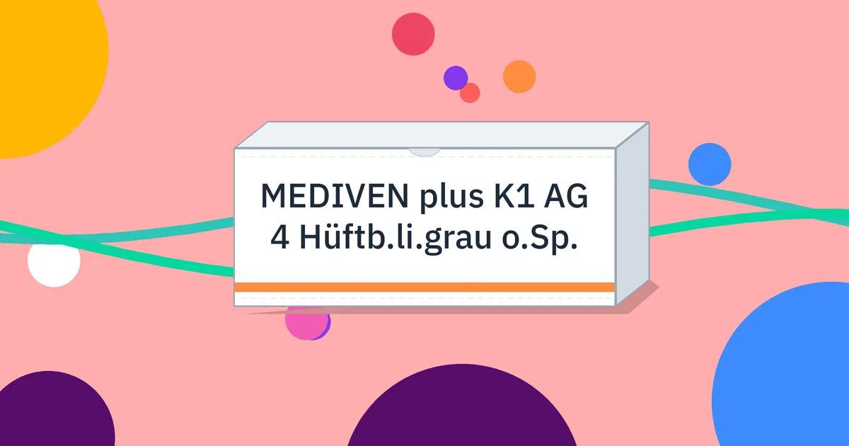 Symbolbild: Packung mit der Aufschrift MEDIVEN plus K1 AG 4 Hüftb.li.grau o.Sp. (PZN 18938379) – Verfügbarkeit und Bezug in Apotheken in Frankfurt am Main