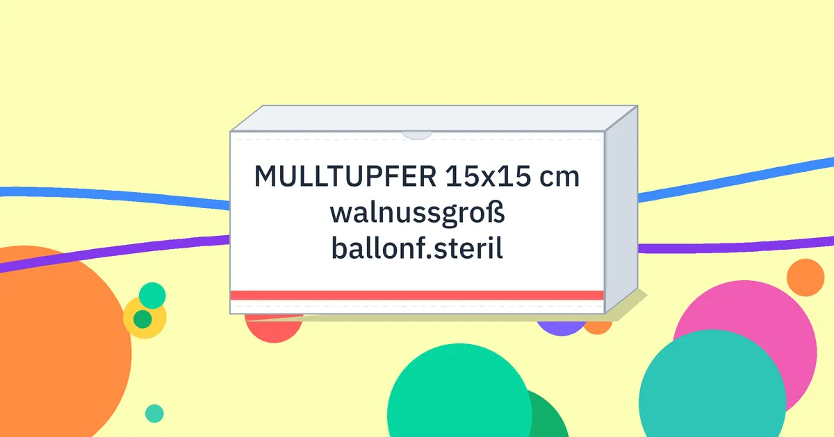 Symbolbild: Packung mit der Aufschrift MULLTUPFER 15x15 cm walnussgroß ballonf.steril (PZN 14266931) – Verfügbarkeit und Bezug in Apotheken in Frankfurt am Main