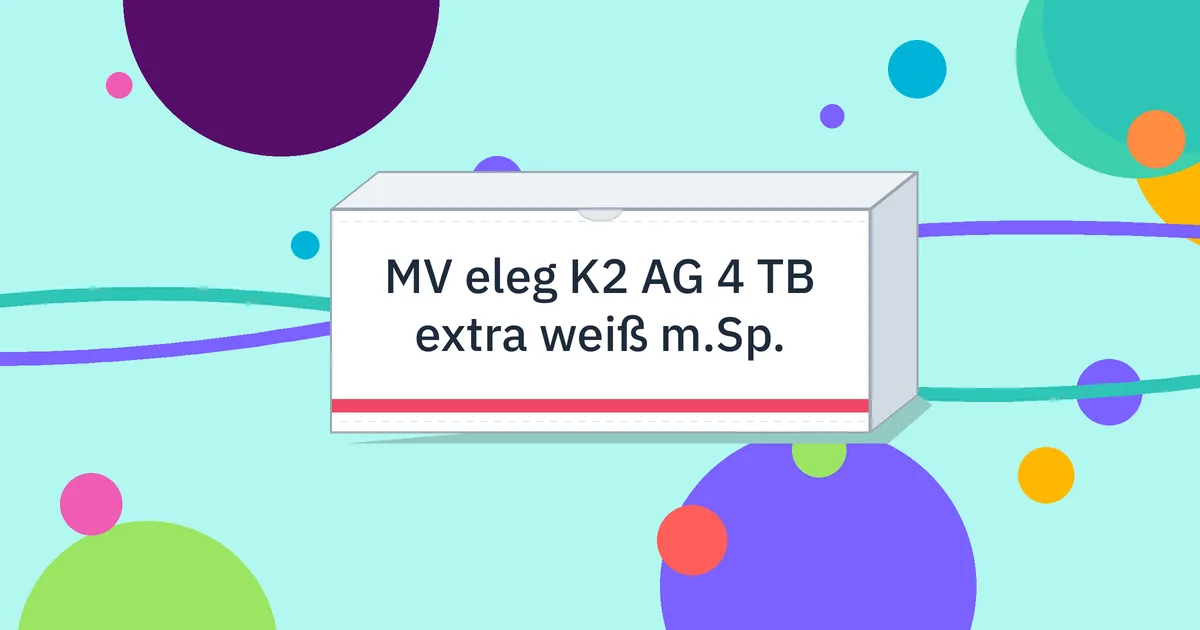 Symbolbild: Packung mit der Aufschrift MV eleg K2 AG 4 TB extra weiß m.Sp. (PZN 09877147) – Verfügbarkeit und Bezug in Apotheken in Frankfurt am Main