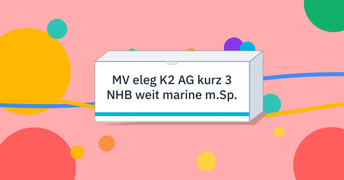Symbolbild: Packung mit der Aufschrift MV eleg K2 AG kurz 3 NHB weit marine m.Sp. (PZN 15715437) – Verfügbarkeit und Bezug in Apotheken in Frankfurt am Main