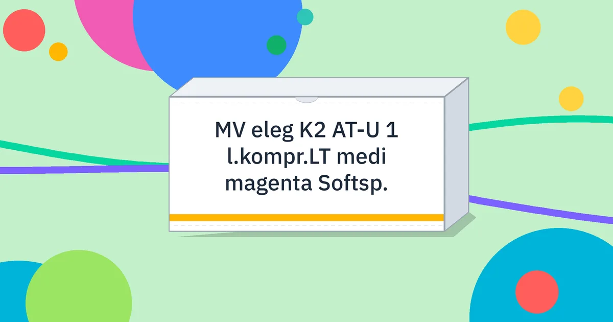 Symbolbild: Packung mit der Aufschrift MV eleg K2 AT-U 1 l.kompr.LT medi magenta Softsp. (PZN 15289822) – Verfügbarkeit und Bezug in Apotheken in Frankfurt am Main