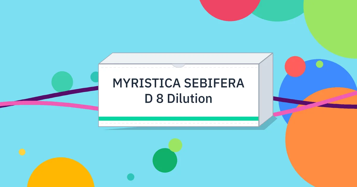 Symbolbild: Packung mit der Aufschrift MYRISTICA SEBIFERA D 8 Dilution (PZN 02618431) – Verfügbarkeit und Bezug in Apotheken in Frankfurt am Main