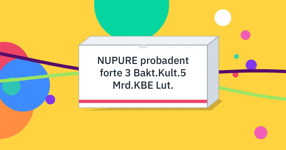 Symbolbild: Packung mit der Aufschrift NUPURE probadent forte 3 Bakt.Kult.5 Mrd.KBE Lut. (PZN 19453891) – Verfügbarkeit und Bezug in Apotheken in Frankfurt am Main