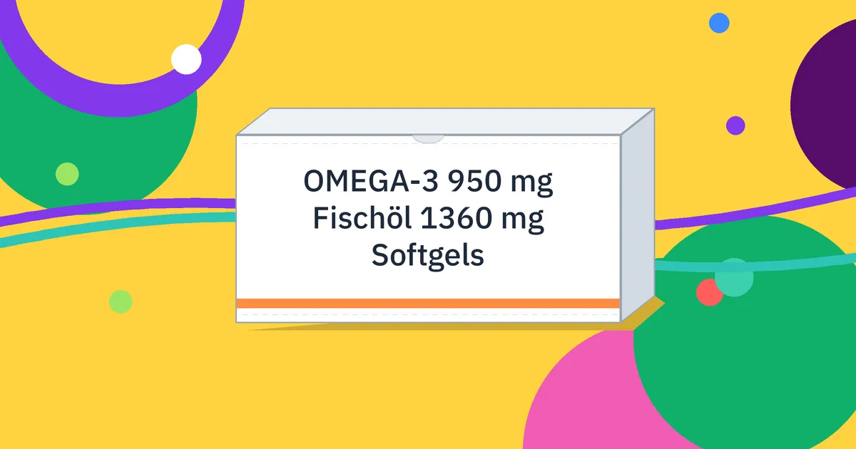 Symbolbild: Packung mit der Aufschrift OMEGA-3 950 mg Fischöl 1360 mg Softgels (PZN 00698897) – Verfügbarkeit und Bezug in Apotheken in Frankfurt am Main