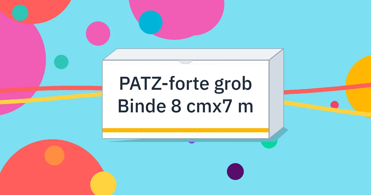 Symbolbild: Packung mit der Aufschrift PATZ-forte grob Binde 8 cmx7 m (PZN 09266099) – Verfügbarkeit und Bezug in Apotheken in Frankfurt am Main