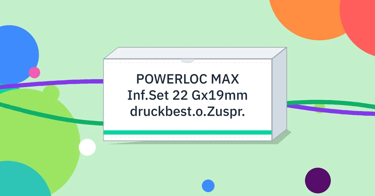 Symbolbild: Packung mit der Aufschrift POWERLOC MAX Inf.Set 22 Gx19mm druckbest.o.Zuspr. (PZN 19129357) – Verfügbarkeit und Bezug in Apotheken in Frankfurt am Main