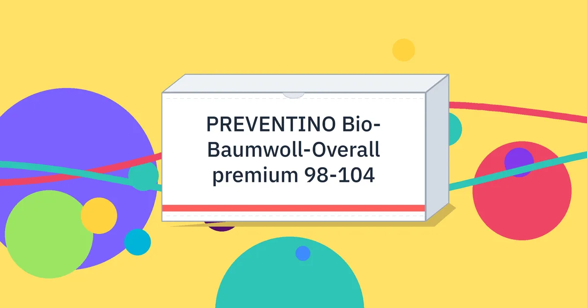 Symbolbild: Packung mit der Aufschrift PREVENTINO Bio-Baumwoll-Overall premium 98-104 (PZN 16895849) – Verfügbarkeit und Bezug in Apotheken in Frankfurt am Main