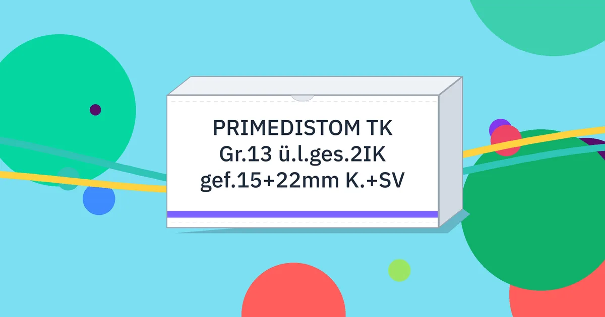 Symbolbild: Packung mit der Aufschrift PRIMEDISTOM TK Gr.13 ü.l.ges.2IK gef.15+22mm K.+SV (PZN 10928536) – Verfügbarkeit und Bezug in Apotheken in Frankfurt am Main