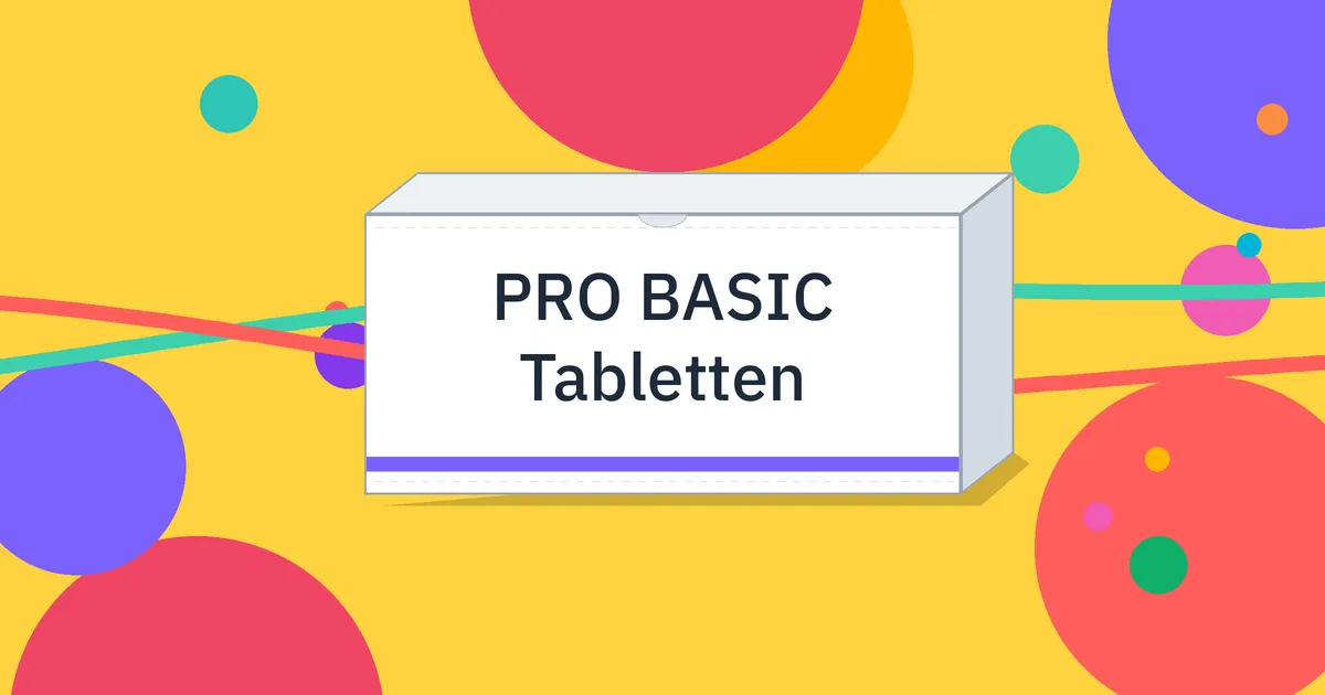 Symbolbild: Packung mit der Aufschrift PRO BASIC Tabletten (PZN 10355595) – Verfügbarkeit und Bezug in Apotheken in Frankfurt am Main