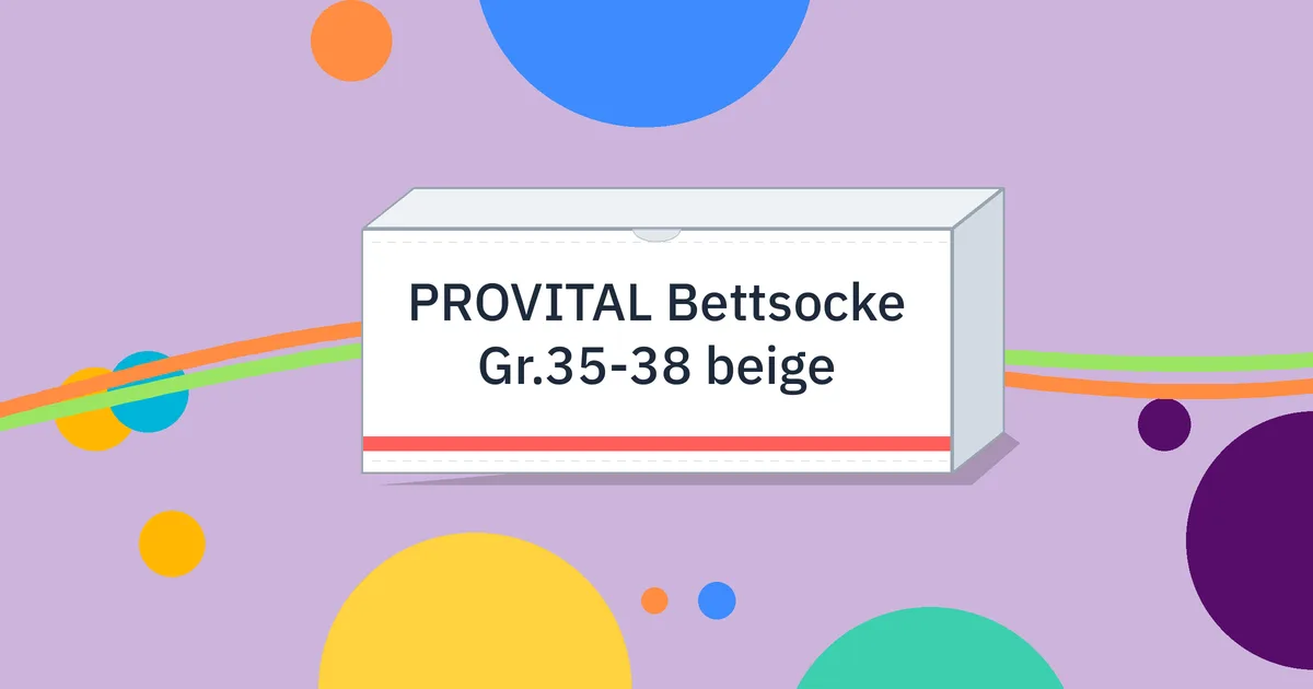 Symbolbild: Packung mit der Aufschrift PROVITAL Bettsocke Gr.35-38 beige (PZN 19683384) – Verfügbarkeit und Bezug in Apotheken in Frankfurt am Main