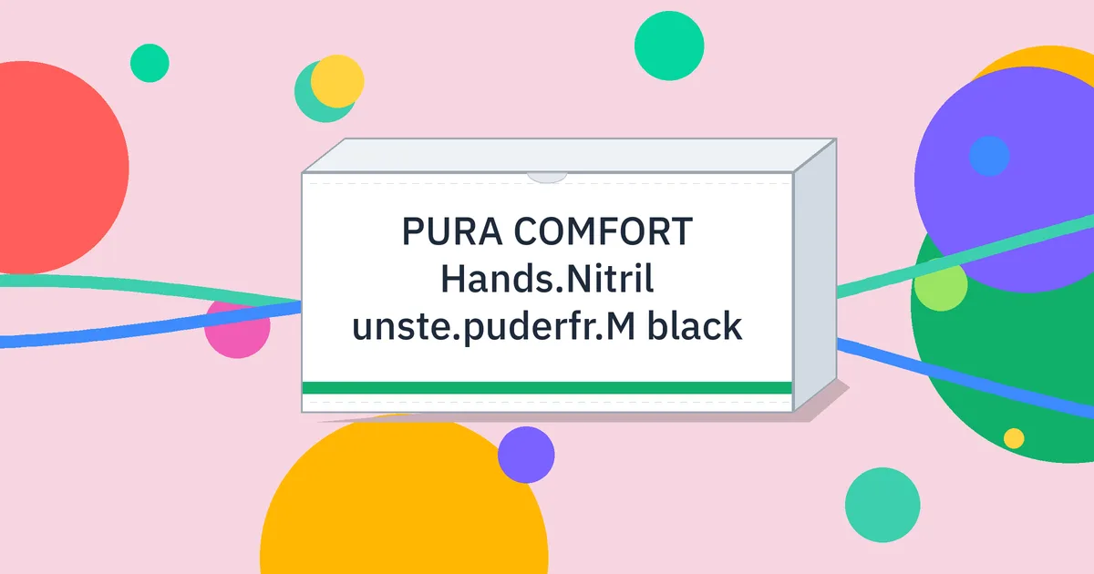 Symbolbild: Packung mit der Aufschrift PURA COMFORT Hands.Nitril unste.puderfr.M black (PZN 15432969) – Verfügbarkeit und Bezug in Apotheken in Frankfurt am Main