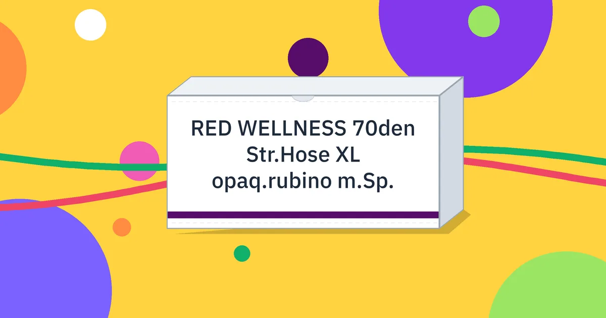 Symbolbild: Packung mit der Aufschrift RED WELLNESS 70den Str.Hose XL opaq.rubino m.Sp. (PZN 16176592) – Verfügbarkeit und Bezug in Apotheken in Frankfurt am Main