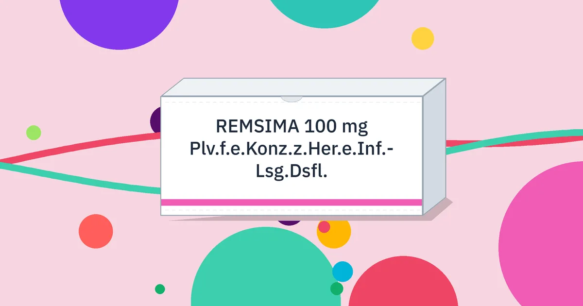 Symbolbild: Packung mit der Aufschrift REMSIMA 100 mg Plv.f.e.Konz.z.Her.e.Inf.-Lsg.Dsfl. (PZN 11144280) – Verfügbarkeit und Bezug in Apotheken in Frankfurt am Main