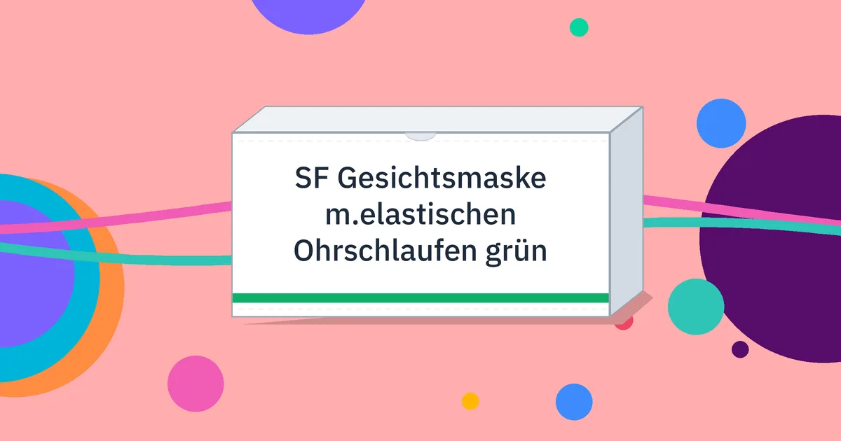 Symbolbild: Packung mit der Aufschrift SF Gesichtsmaske m.elastischen Ohrschlaufen grün (PZN 16163626) – Verfügbarkeit und Bezug in Apotheken in Frankfurt am Main