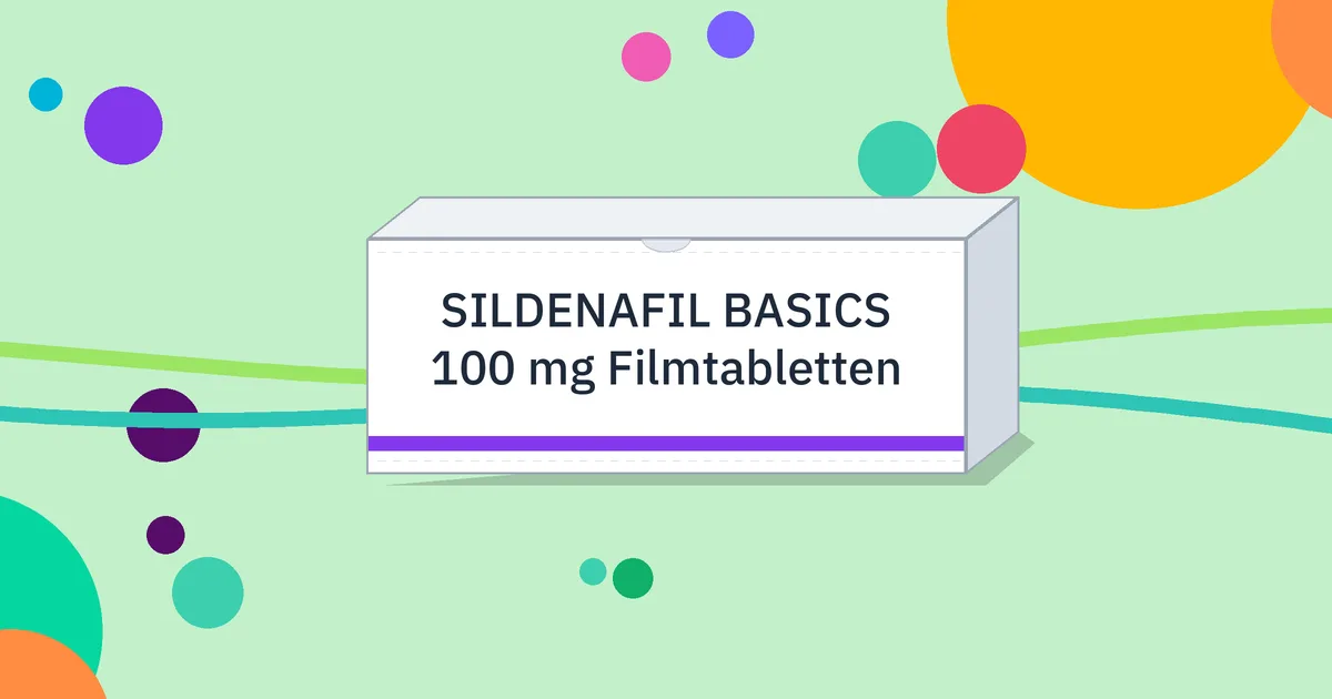 Symbolbild: Packung mit der Aufschrift SILDENAFIL BASICS 100 mg Filmtabletten (PZN 04868089) – Verfügbarkeit und Bezug in Apotheken in Frankfurt am Main