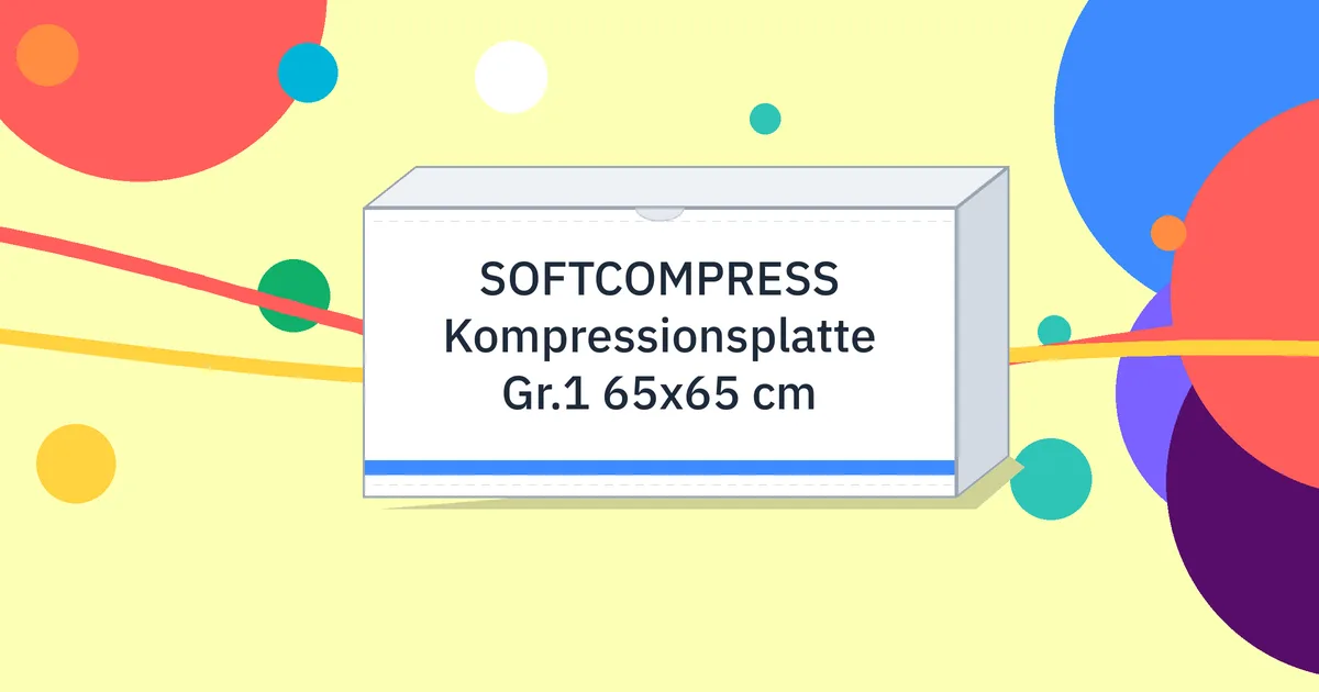 Symbolbild: Packung mit der Aufschrift SOFTCOMPRESS Kompressionsplatte Gr.1 65x65 cm (PZN 13506095) – Verfügbarkeit und Bezug in Apotheken in Frankfurt am Main