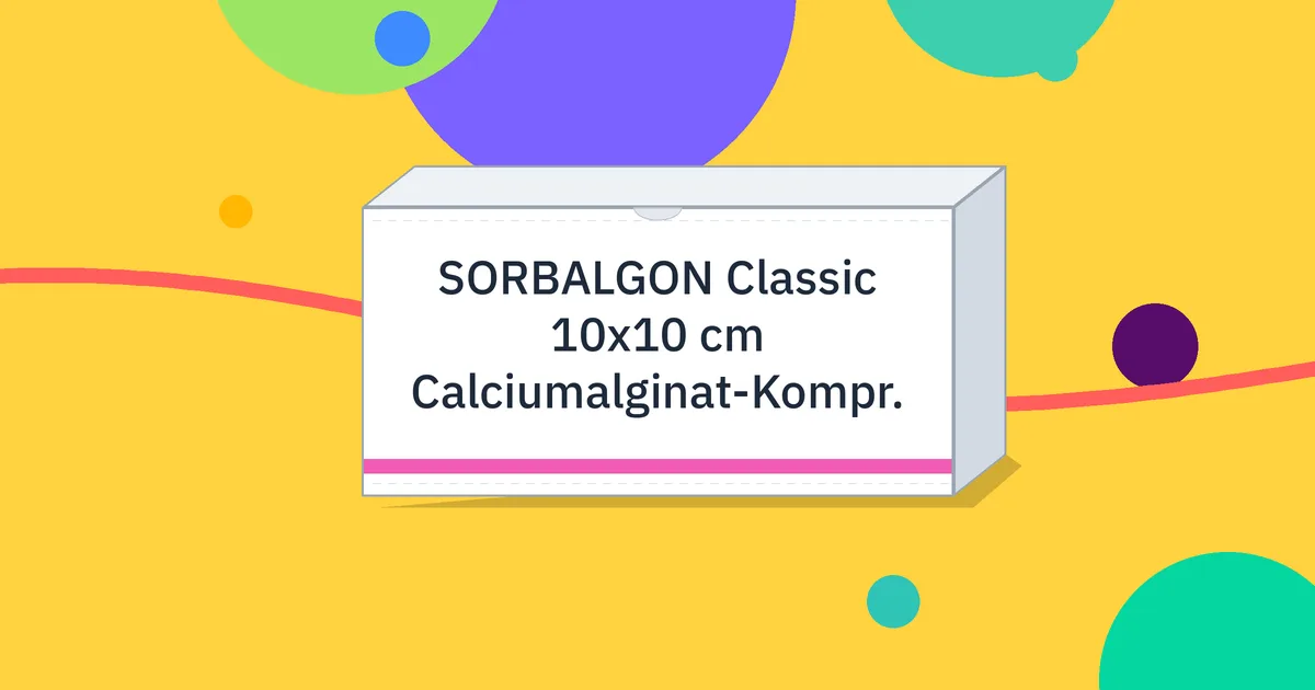 Symbolbild: Packung mit der Aufschrift SORBALGON Classic 10x10 cm Calciumalginat-Kompr. (PZN 19291715) – Verfügbarkeit und Bezug in Apotheken in Frankfurt am Main