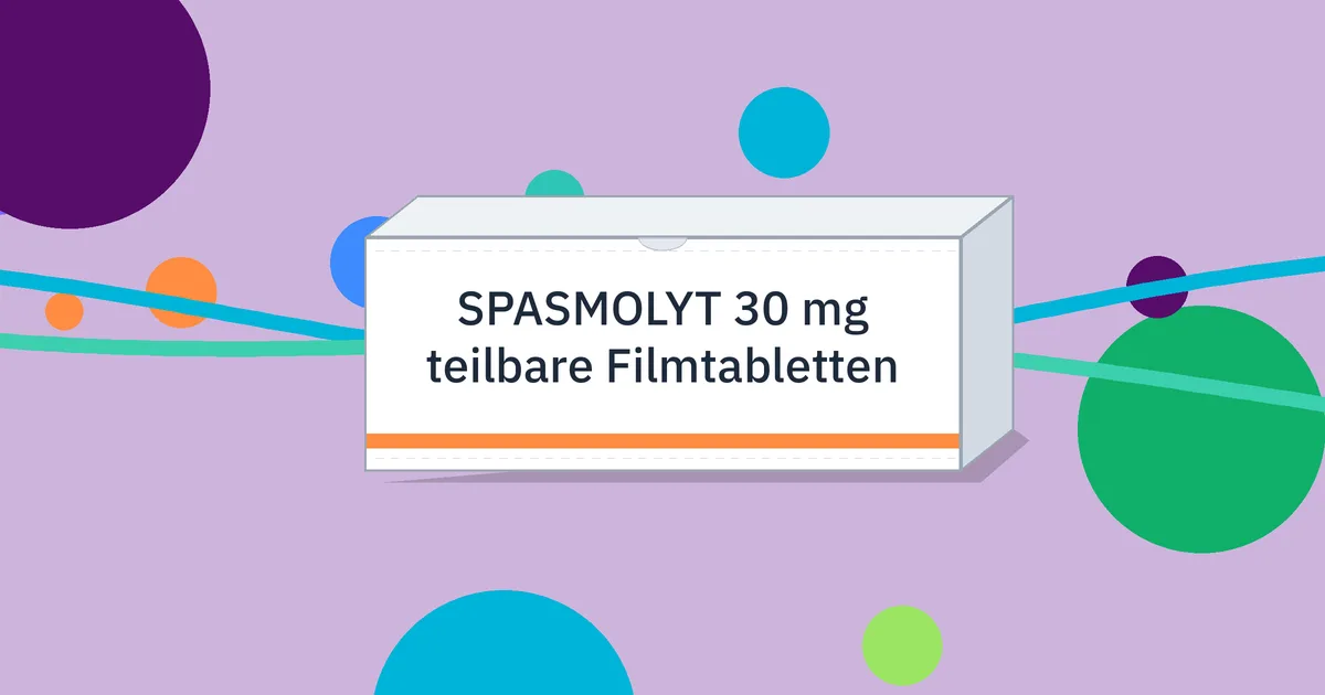 Symbolbild: Packung mit der Aufschrift SPASMOLYT 30 mg teilbare Filmtabletten (PZN 05465235) – Verfügbarkeit und Bezug in Apotheken in Frankfurt am Main