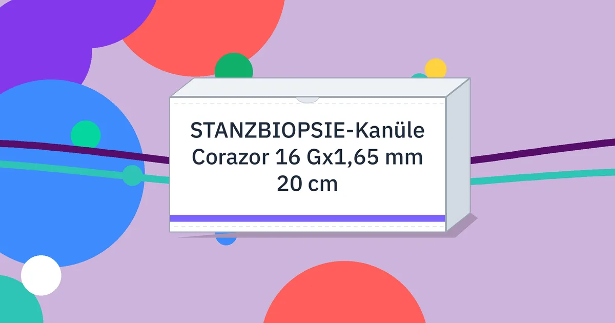 Symbolbild: Packung mit der Aufschrift STANZBIOPSIE-Kanüle Corazor 16 Gx1,65 mm 20 cm (PZN 20096189) – Verfügbarkeit und Bezug in Apotheken in Frankfurt am Main