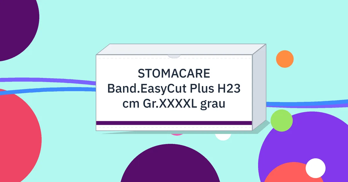 Symbolbild: Packung mit der Aufschrift STOMACARE Band.EasyCut Plus H23 cm Gr.XXXXL grau (PZN 16314746) – Verfügbarkeit und Bezug in Apotheken in Frankfurt am Main