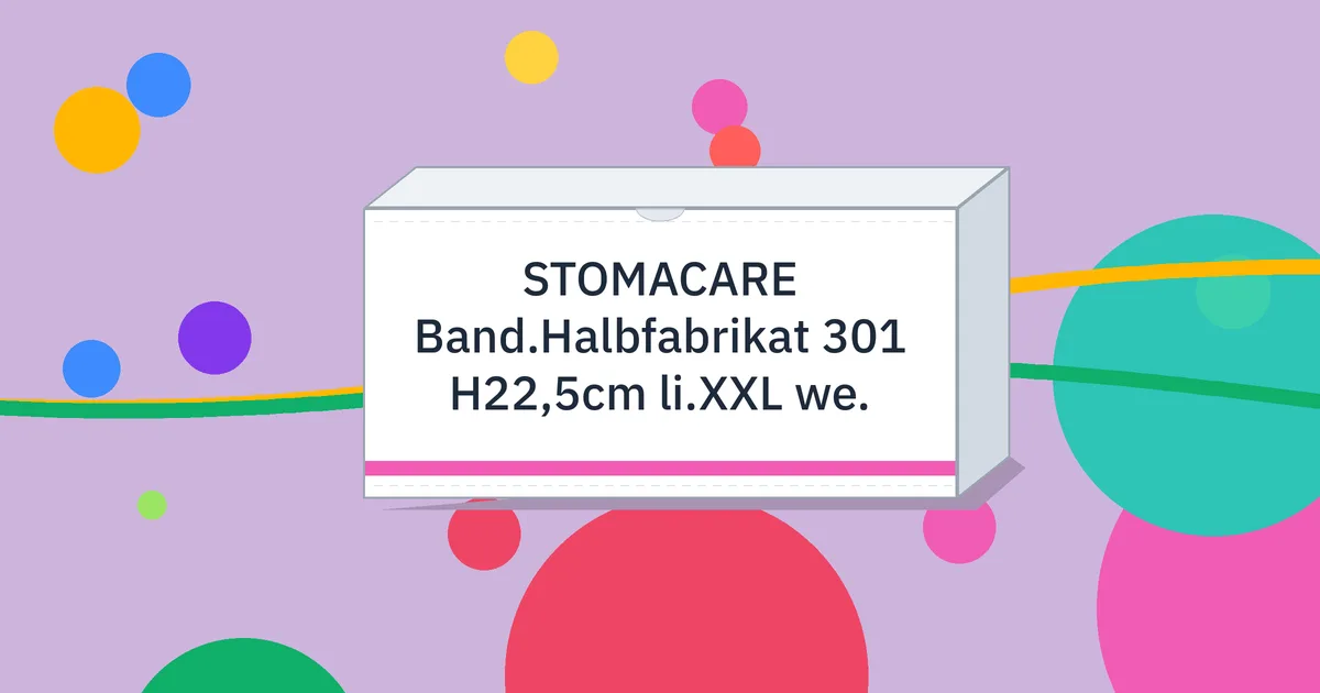 Symbolbild: Packung mit der Aufschrift STOMACARE Band.Halbfabrikat 301 H22,5cm li.XXL we. (PZN 03413926) – Verfügbarkeit und Bezug in Apotheken in Frankfurt am Main