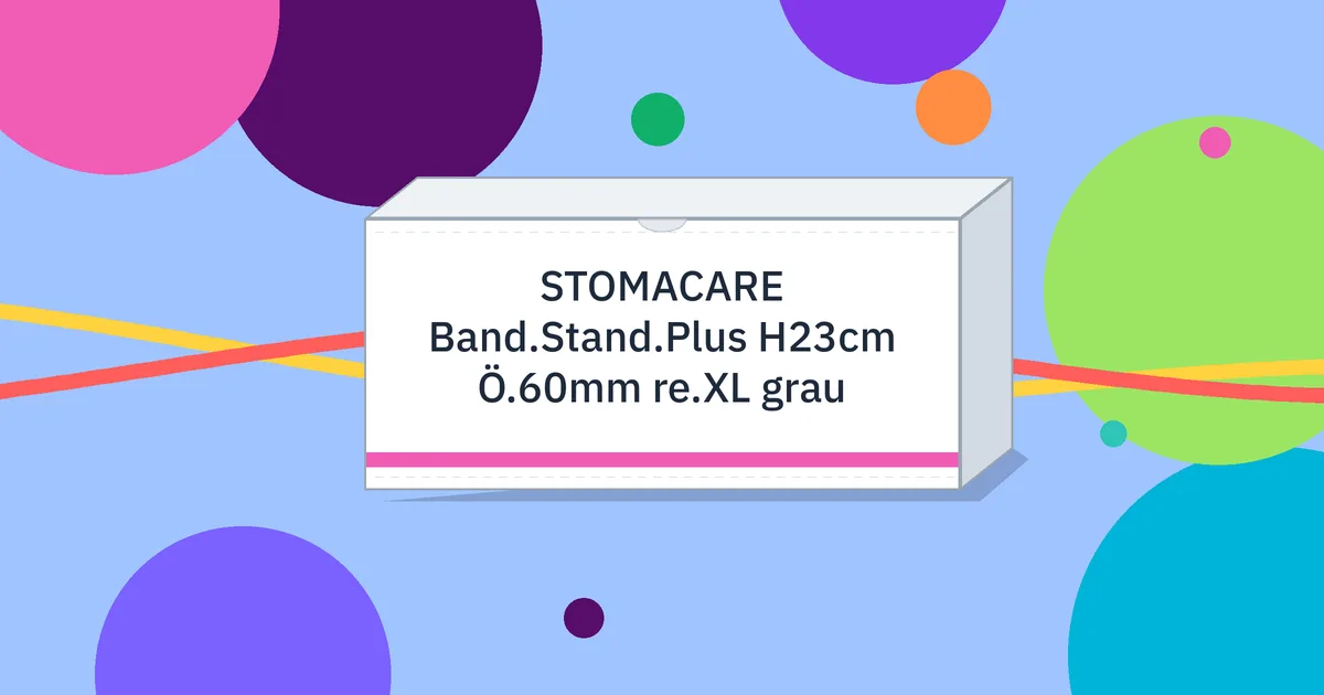 Symbolbild: Packung mit der Aufschrift STOMACARE Band.Stand.Plus H23cm Ö.60mm re.XL grau (PZN 16750909) – Verfügbarkeit und Bezug in Apotheken in Frankfurt am Main